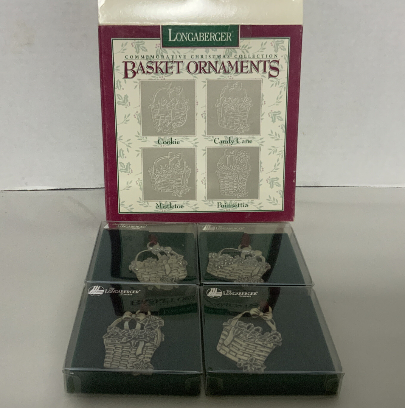 Vintage Longaberger Pewter Basket Ornaments set of 4 1995 Christmas ...