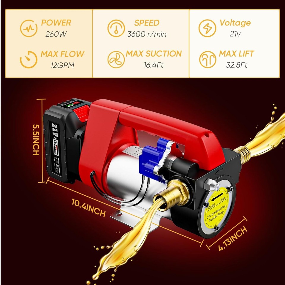 Cordless Electric Fuel Transfer Pump with Nozzle & Hoses Kit 12GPM 4 ...