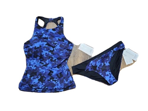 Athleta Maldives Bra Cup Tankini Cloud Camo Blue 36 DD 2 pc Swim Set L ...