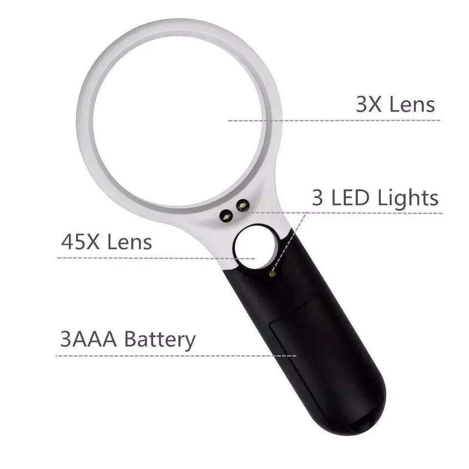 50X Magnifying Glass Handheld Magnifier 3 LED Light Reading Lens ...