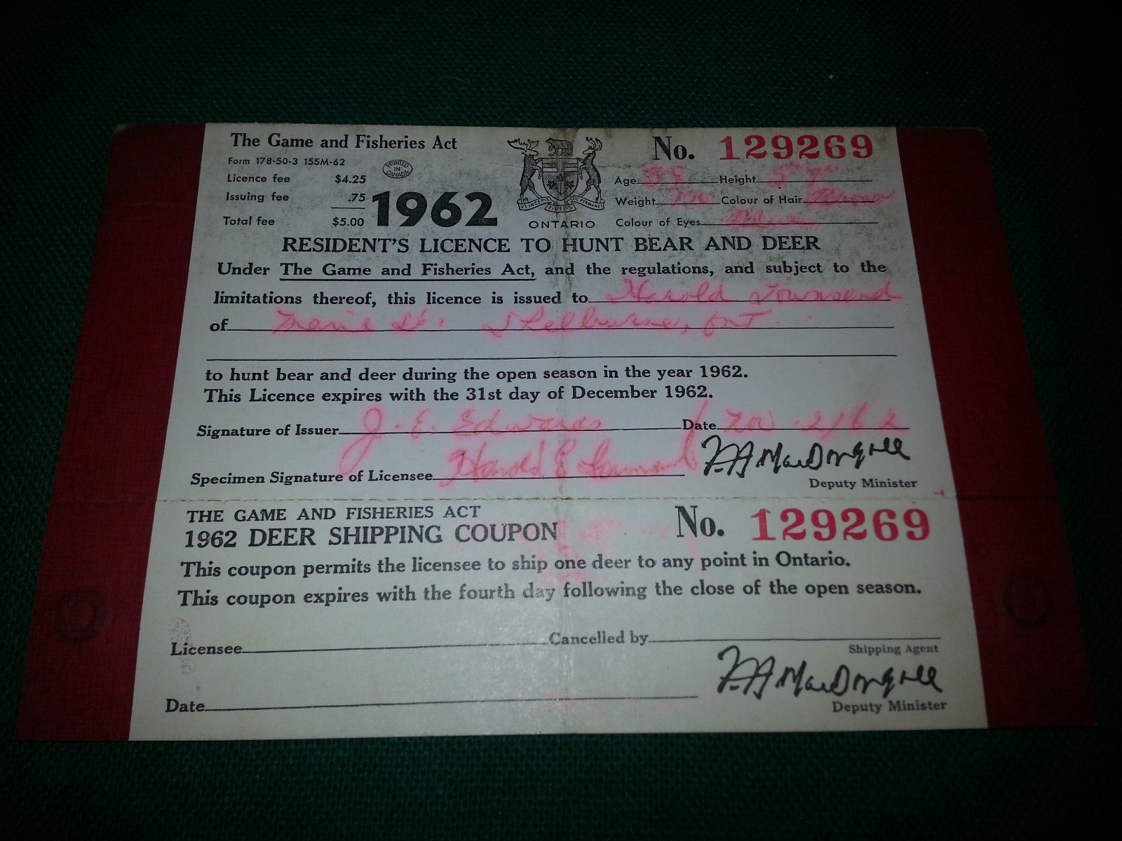 1962 Ontario Bear Hunting License + Deer Lands & Forests Game Fisheries ...