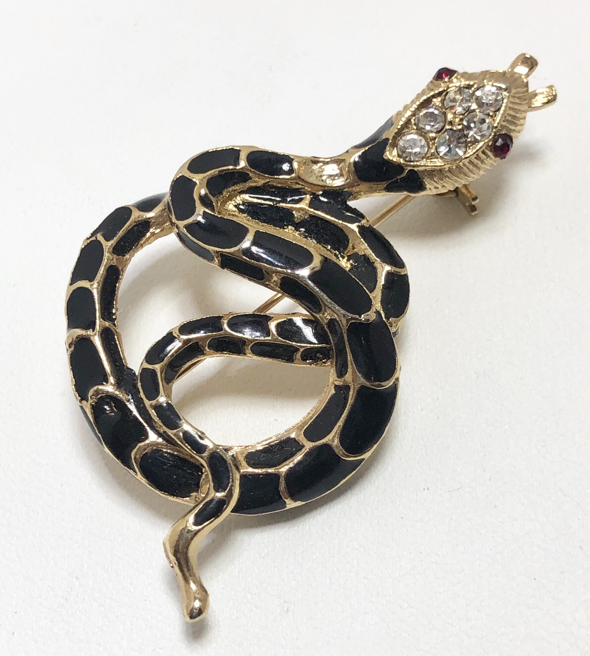 Black Enamel Red Rhinestone Cobra Viper Snake Vintage… - Gem