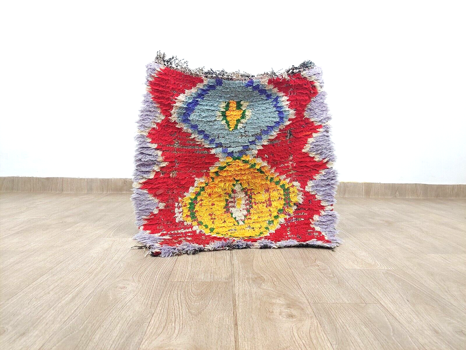 Vintage Moroccan Small Square Rug 2.6x2.6 Colorful Geometric Cotton Red ...