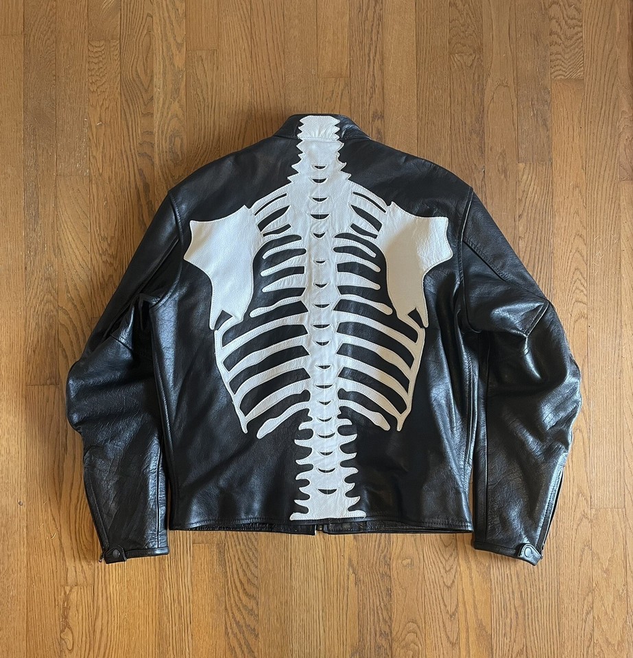 Vintage Skeleton Bones Leather Jacket L 44 Black Biker Motorcycle Bone ...
