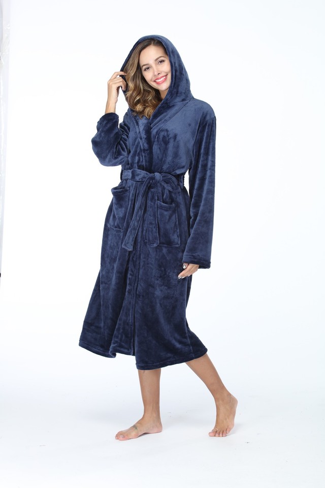 RONGTAI Womens Long Robes Plush Fleece Nightgown Thick Hooded Bathrobe ...