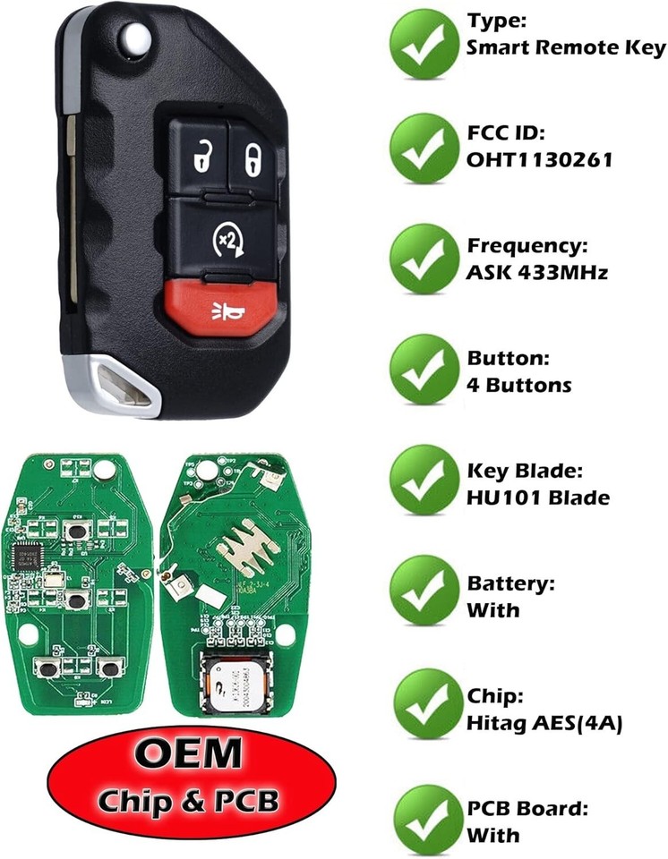 Smart Key for Jeep Wrangler 2018-2022, Proximity Remote Control Key Fob ...