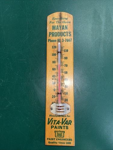 Vintage MAYAN PRODUCTS Wooden Thermometer Vita-Var Paint Advertising ...