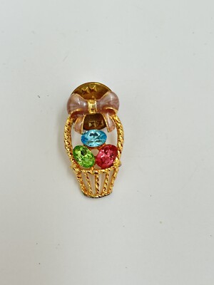 Vintage Rhinestone Brooch / Pin Gold-tone Abstract Easter Basket w Eggs ...