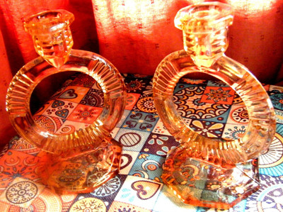 Pair of Art Deco Sklo Union Libochovice Czech Peach Glass Candlesticks ...