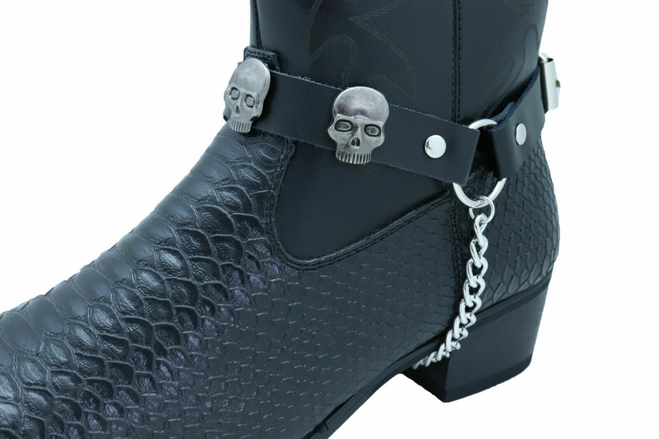 Biker Men Western Boot Silver Chains Faux Leather Straps Bracelet Skull ...