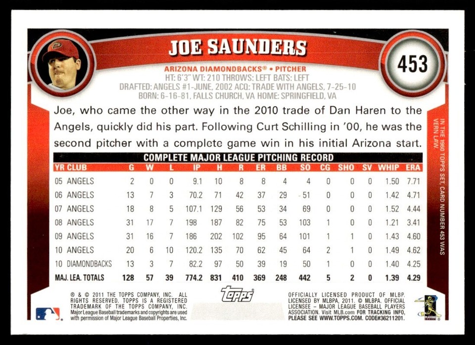 2011 Topps Diamond Anniversary Joe Saunders Arizona Diamondbacks #453 ...