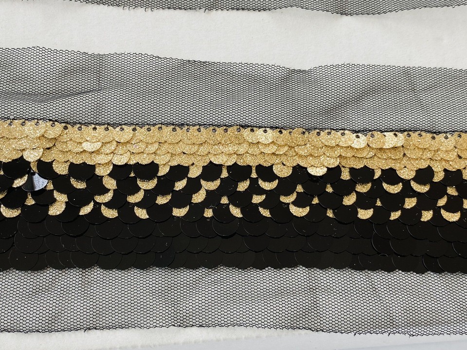 2 Yds Gold & Black Sequined Mesh Border Trim/Sewing/Craft/Dance-wear/3. ...