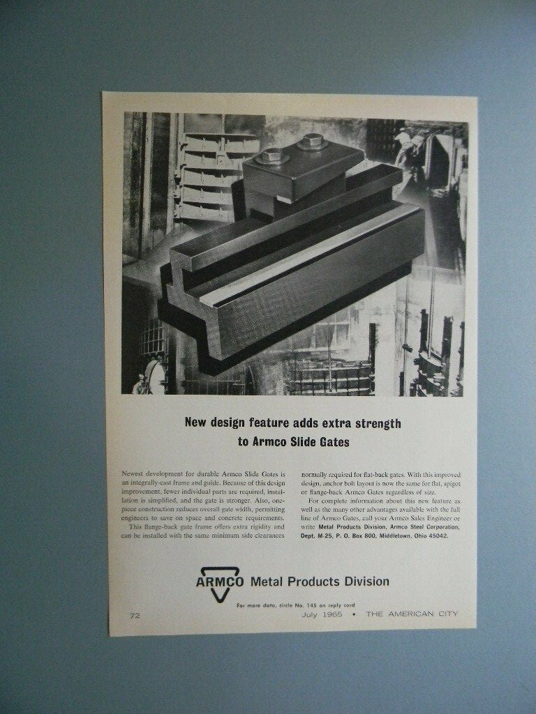 1965 ARMCO SLIDE GATES "..DESIGN FEATURE ADDS EXTRA STRENGTH" SALES ART ...