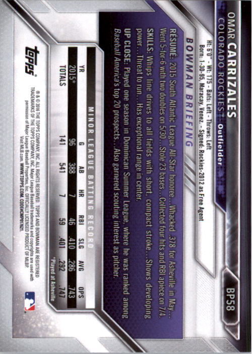 2016 (Colorado Rockies) Bowman Prospects Silver #BP58 Omar Carrizales | eBay