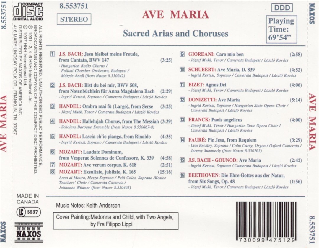 VARIOUS ARTISTS AVE MARIA: SACRED ARIAS AND CHORUSES NEW CD ...