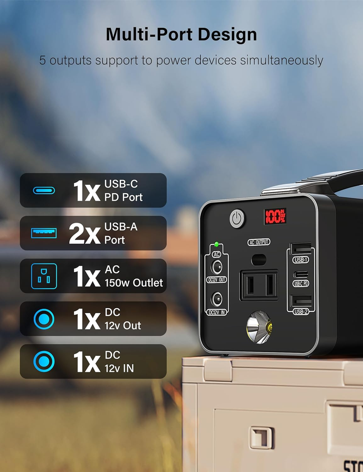 Portable Power Station 150W/133.2 Wh Fast Charging, Rechargeable ...