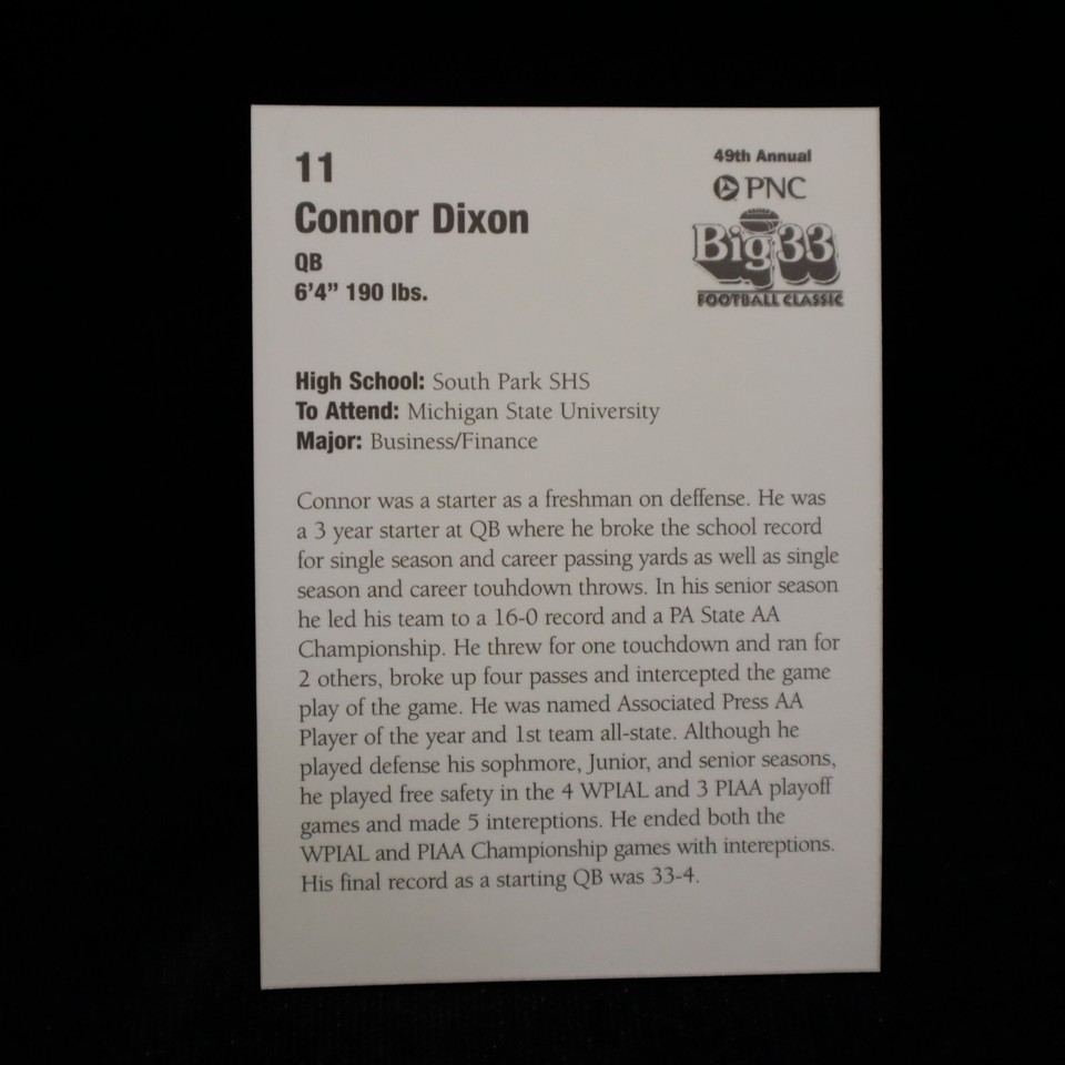 2006 Connor Dixon Big 33 Pennsylvania "BLUE" High School Football #PA11 ...