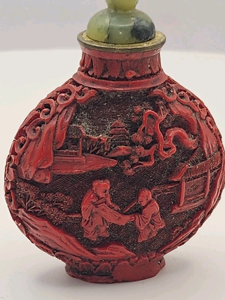 Vintage Chinese Red Resin Man & Woman Designs, Marked Snuff Bottle Jar ...
