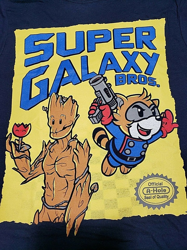 Super Galaxy Bros. T-Shirt Ladies Groot Rocket Raccoon Blue New Gildan ...