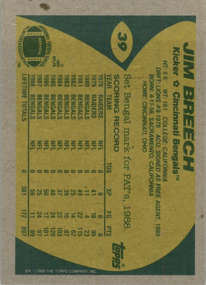 1989 Topps NFL Jim Breech #39 | eBay
