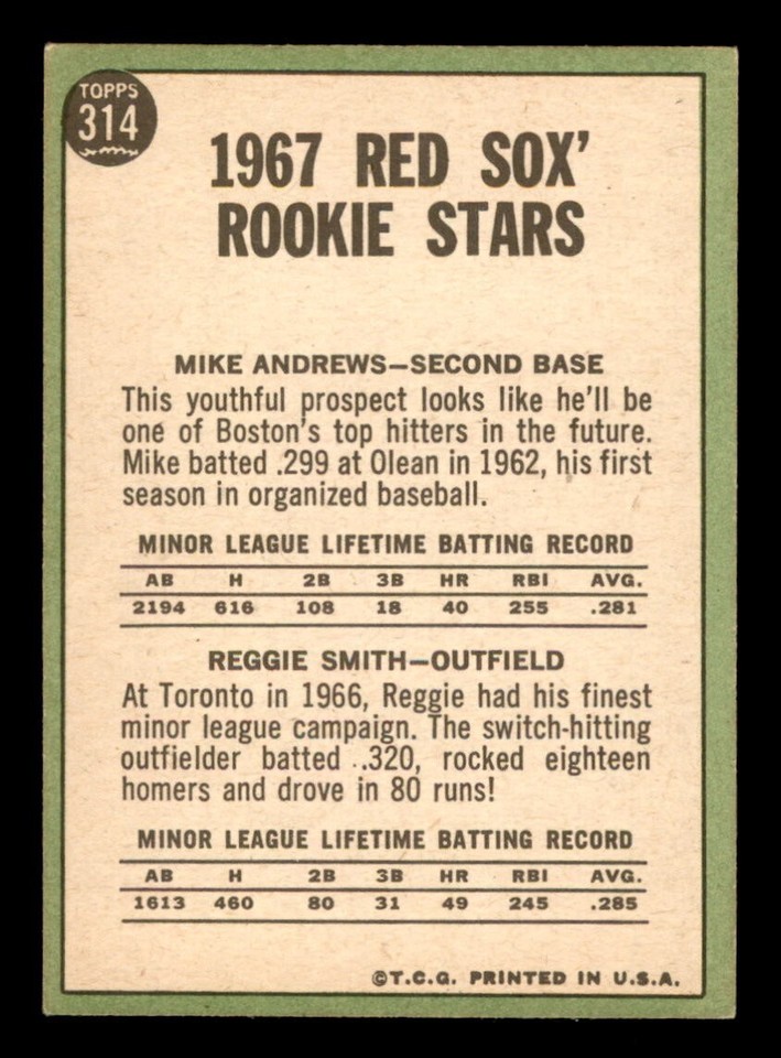 1967 Topps Baseball #314 Red Sox Rookies VG/EX *d8 | eBay
