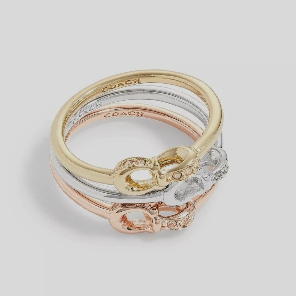 COACH Ring 7 Stackable C Signature Logo Pave Crystal Set of 3 Interlock ...
