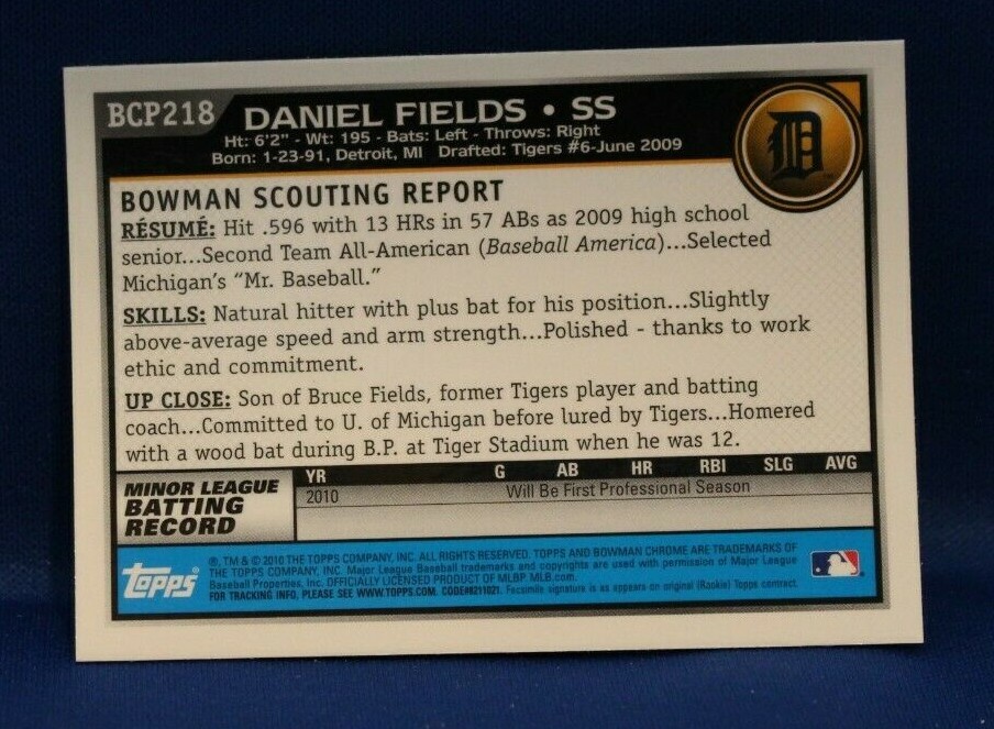 2010 Bowman Chrome (Detroit Tigers) Daniel Fields Baseball Card #BCP218 | eBay