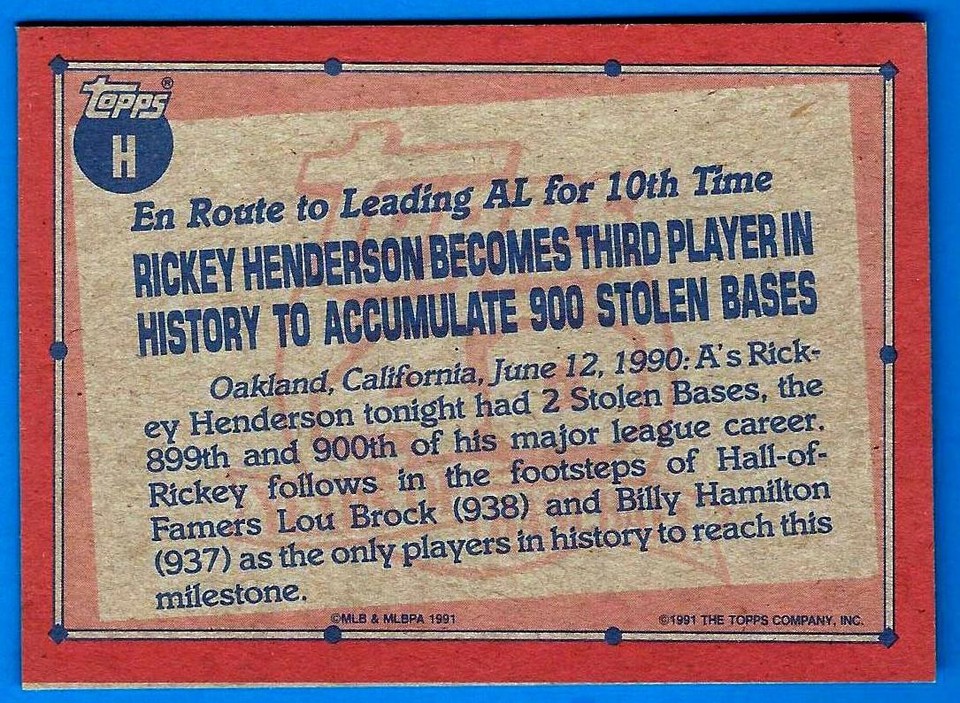 1991 Topps Box Bottom RICKEY HENDERSON (vg-ex) Oakland A's | eBay