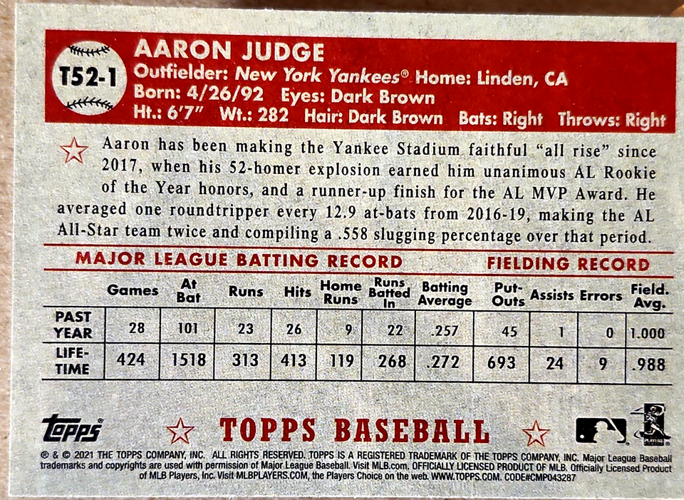 2021 Topps Heritage #T52-1 Aaron Judge - New York Yankees | eBay
