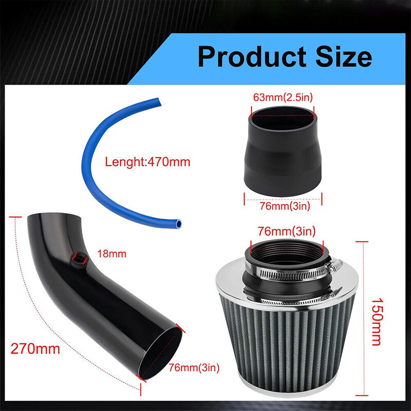 Car Cold Air Intake Filter Induction Kit 3" Pipe Aluminum Power Flow ...