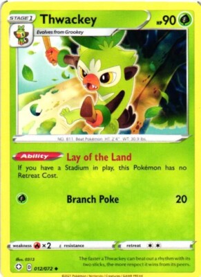 2021 POKEMON TCG SHINING FATES THWACKEY 012/072 COMMON CARD | eBay