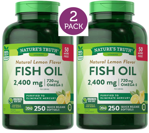 2 Pack Fish Oil 500 Softgels 2,400 mg Mercury Free Lemon Flavor Omega-3 ...