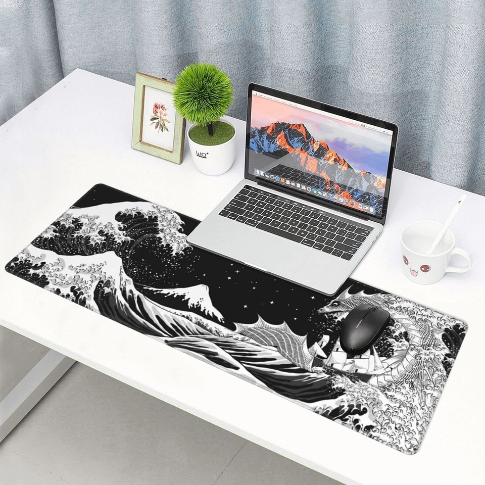 Black and White Japanese Waves Sea Dragon Gaming Mouse Pad XL, Extended ...