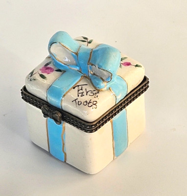 Vintage Porcelain Baby Boy 1st Tooth Gift Box Hinged Trinket Box Blue ...