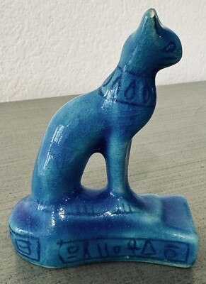 Egyptian cat statue blue ceramic 4" Bastet Goddess vintage | eBay