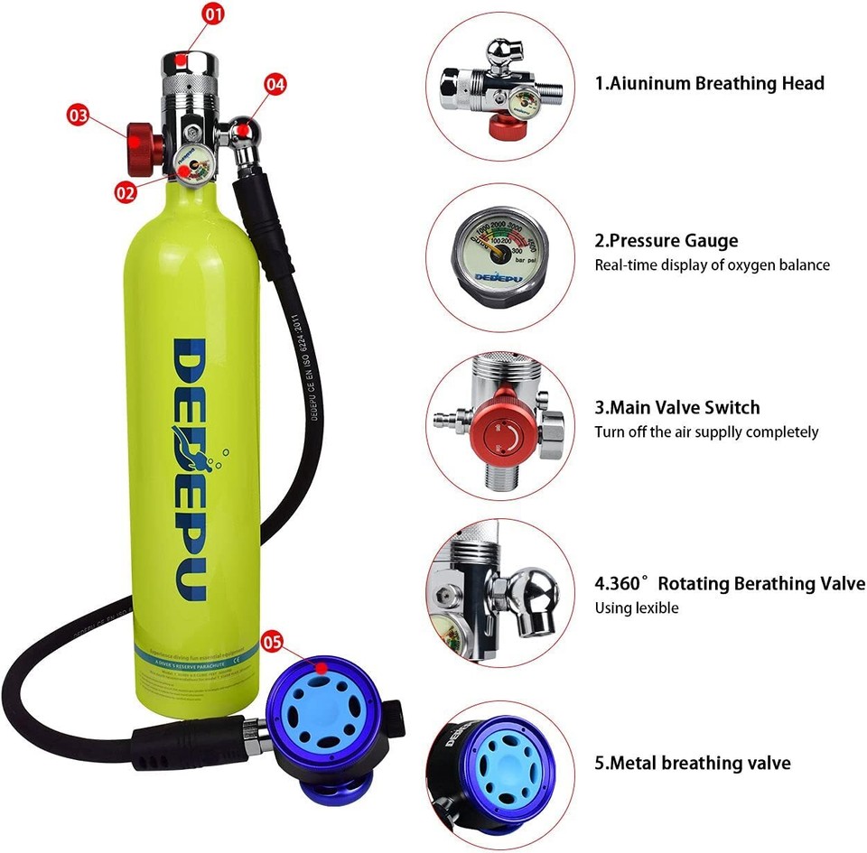 DEDEPU Scuba Diving Kit 1L Oxygen Tank Hand Pump Equipment Underwater ...