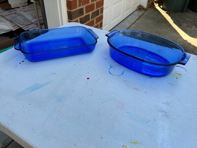 Lot of 2 - Cobalt Blue 2 qt.Baking Dishes Oval Casserole Rectangular ...
