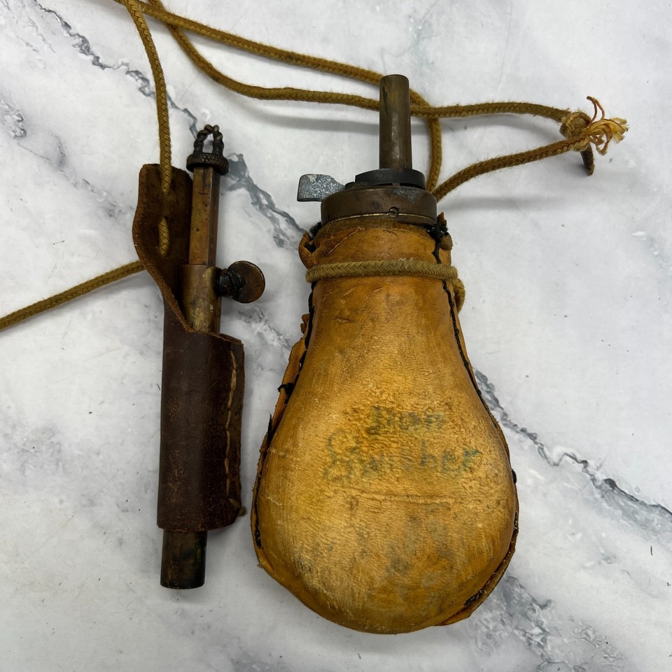 Antique Black Powder Flask Muzzleloader Hard Boiled Leather Brass Pouch ...