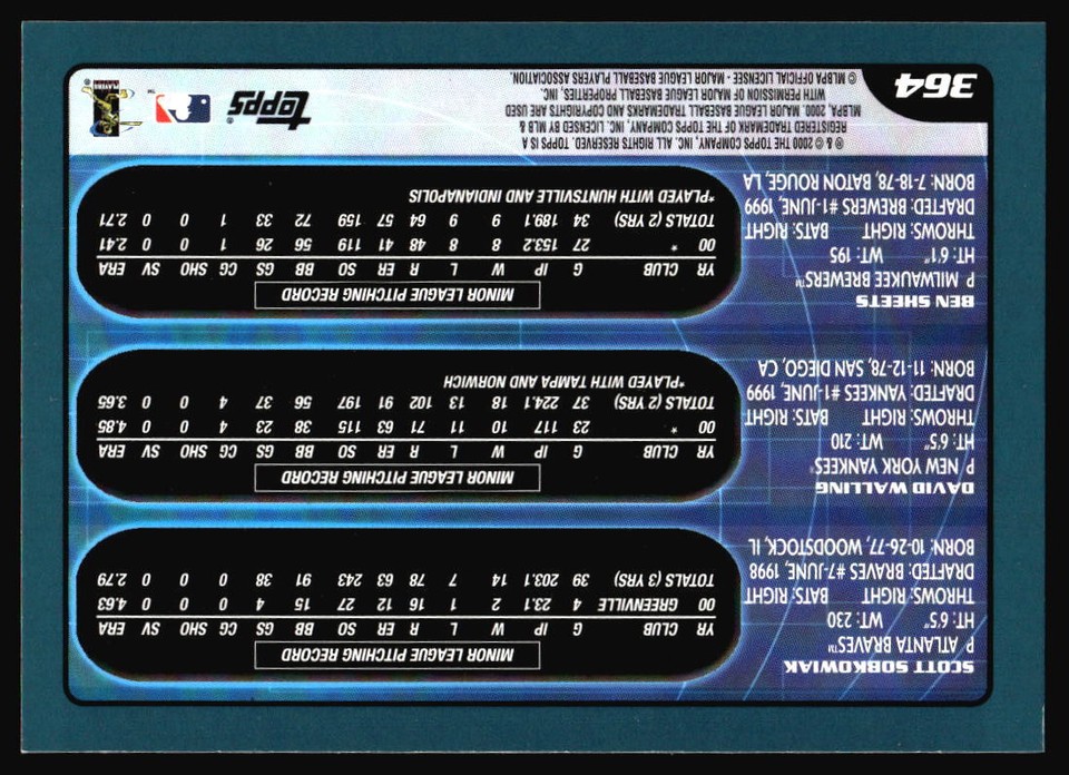 2001 Topps Scott Sobkowiak / David Walling / Ben Sheets #364 | eBay