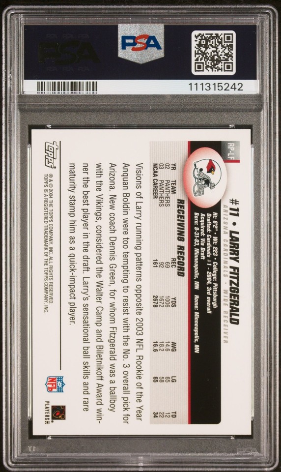 2004 TOPPS PREMIERE #RP-LF LARRY FITZGERALD ROOKIE PSA AUTHENTIC DNA ...
