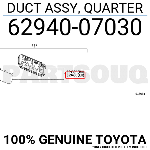 6294007030 Genuine Toyota DUCT ASSY, QUARTER 62940-07030 | eBay