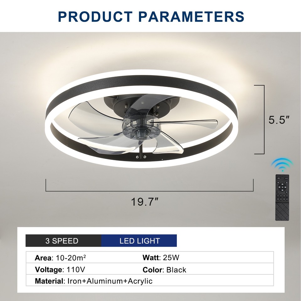 20" Modern LED Ceiling Fan Lights Flush Mount Light kit With Remote APP ...