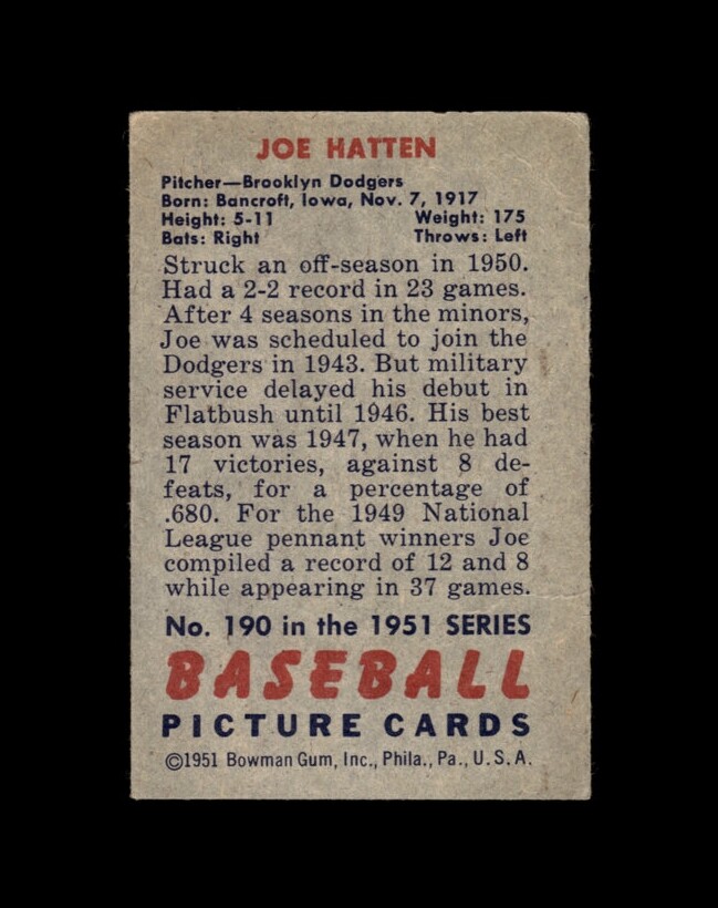 1951 Bowman Set-Break #190 Joe Hatten VG-VGEX *GMCARDS* | eBay