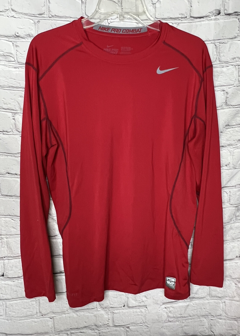 Nike Pro Combat DRI-FIT Workout Shirt Size Red PolyBlend Long Sleeve ...