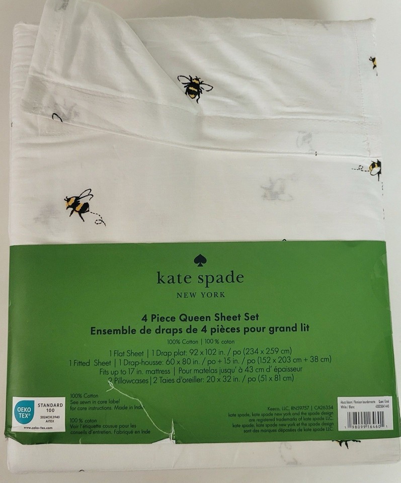 Kate Spade 4pc Queen Sheet Set Bee Bumblebees Summer Spring Fitted Flat ...