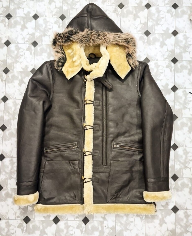Men's B7 Flight Aviator Coat - Hooded Fur Brown Sheepskin Leather Long ...