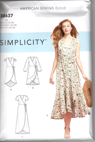 SIMPLICITY PATTERN 8637 WRAP DRESSES MISSES SIZES 16- 24 UNCUT Sleeve ...