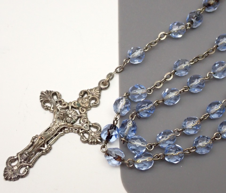 Vintage Blue Crystal Rosary St Bernadette Grotto & Mary Holy Water ...