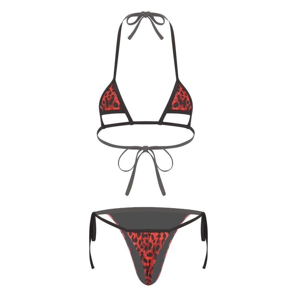 Women Set Tie-up Swimsuits Leopard Nightwear Suit Clubwear Halter ...