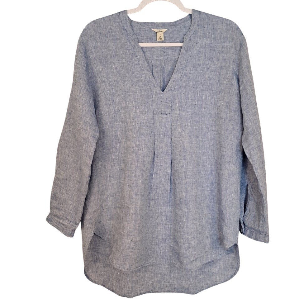 LL BEAN Womens MP 100% Linen Split V-Neck Tunic Long Sleeve Blouse Blue ...